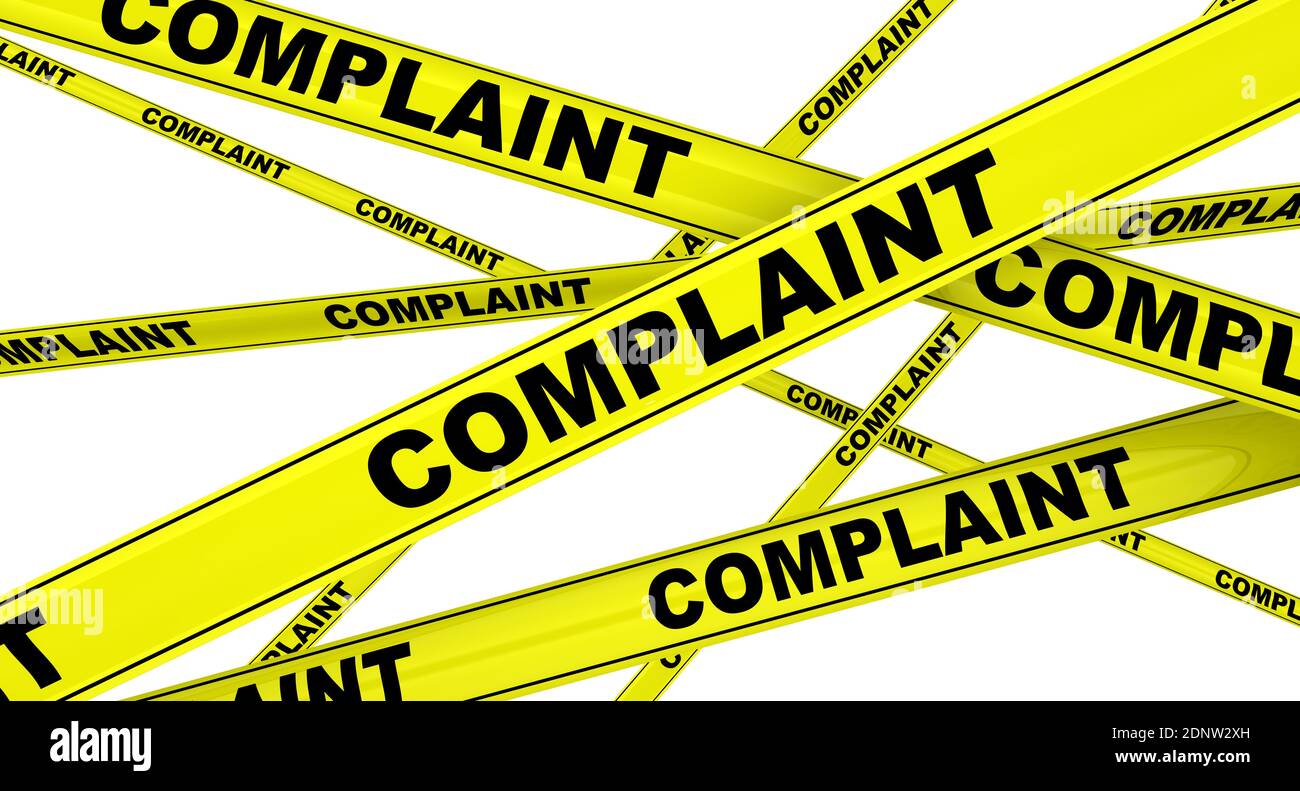 Complaint. Yellow warning tapes with black words COMPLAINT. Isolated ...