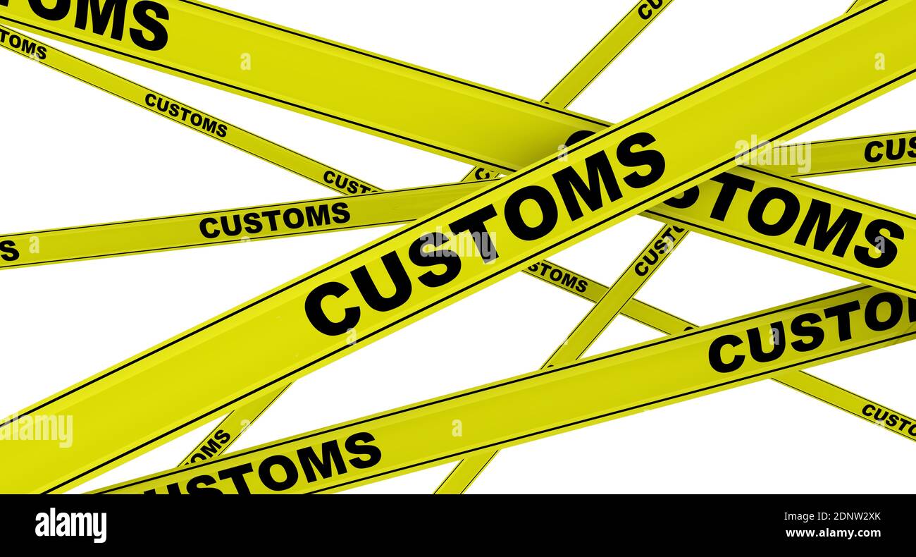 Customs. Yellow warning tapes with black text CUSTOMS. Isolated. 3D ...
