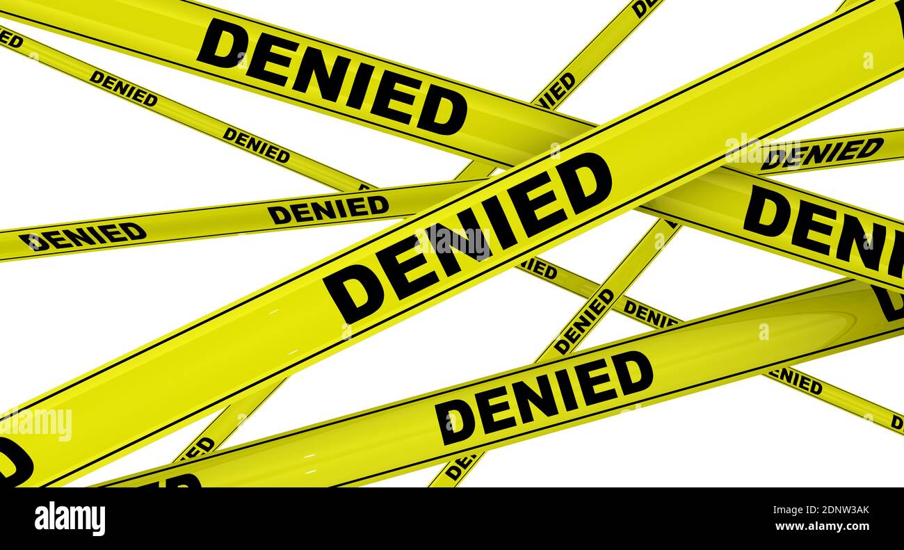 Denied. Yellow warning tapes with black words DENIED. Isolated. 3D ...