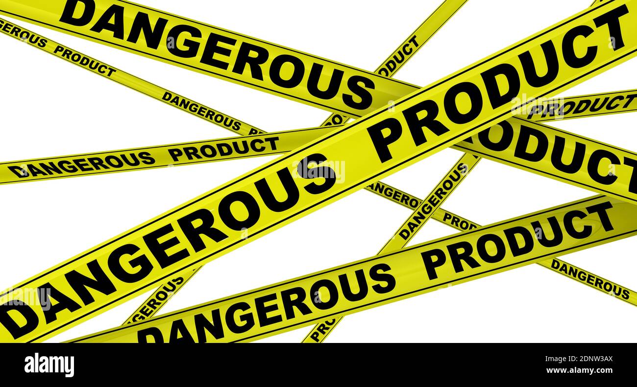Dangerous product. Yellow warning tapes with inscription DANGEROUS ...