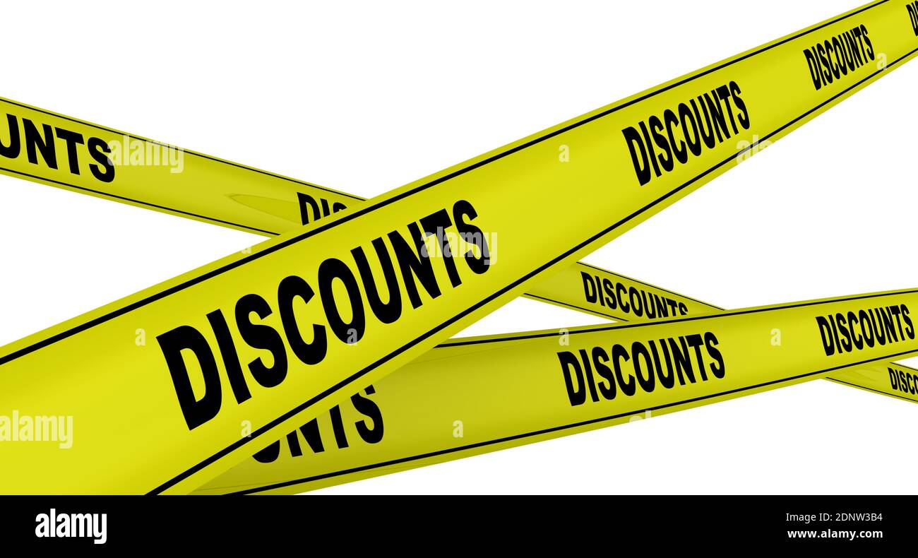 Discounts. Yellow warning tapes with DISCOUNTS word. Isolated. 3D ...