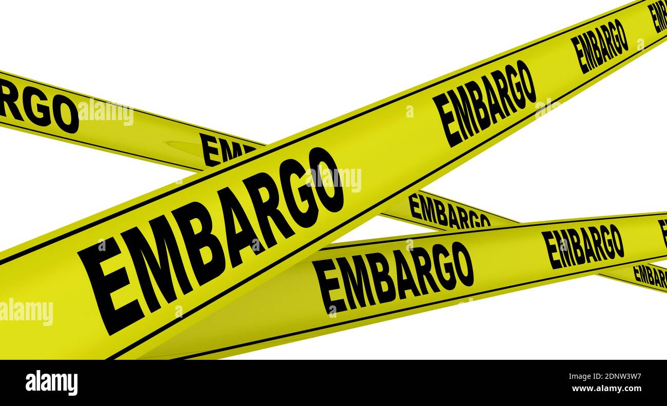 Embargo. Yellow warning tapes with inscription EMBARGO. Isolated. 3D ...