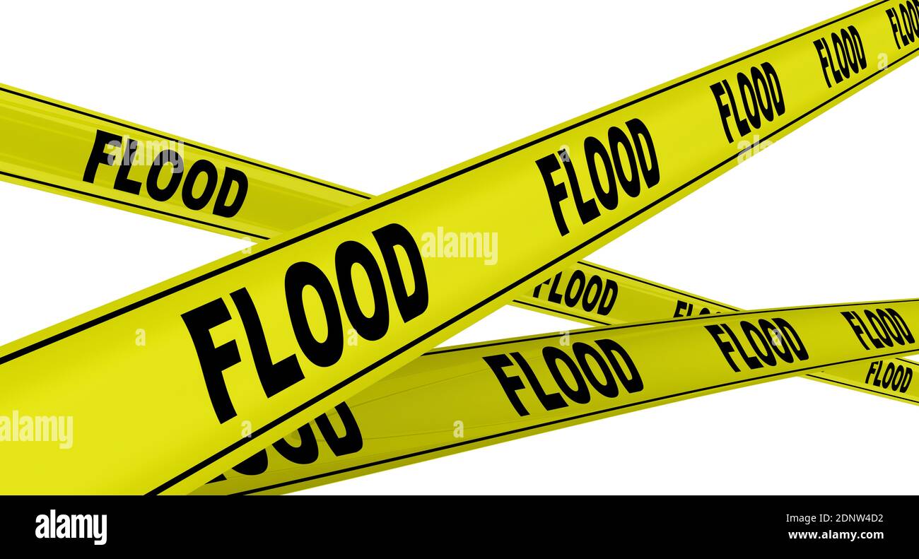 Flood. Yellow warning tapes with black words FLOOD. Isolated. 3D ...