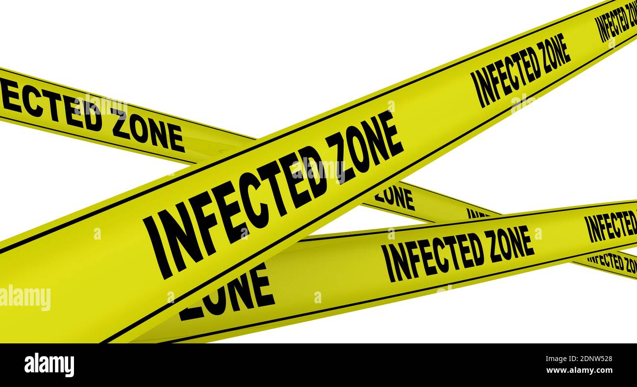 Infected zone. Labeled yellow warning tapes. Yellow warning tapes ...