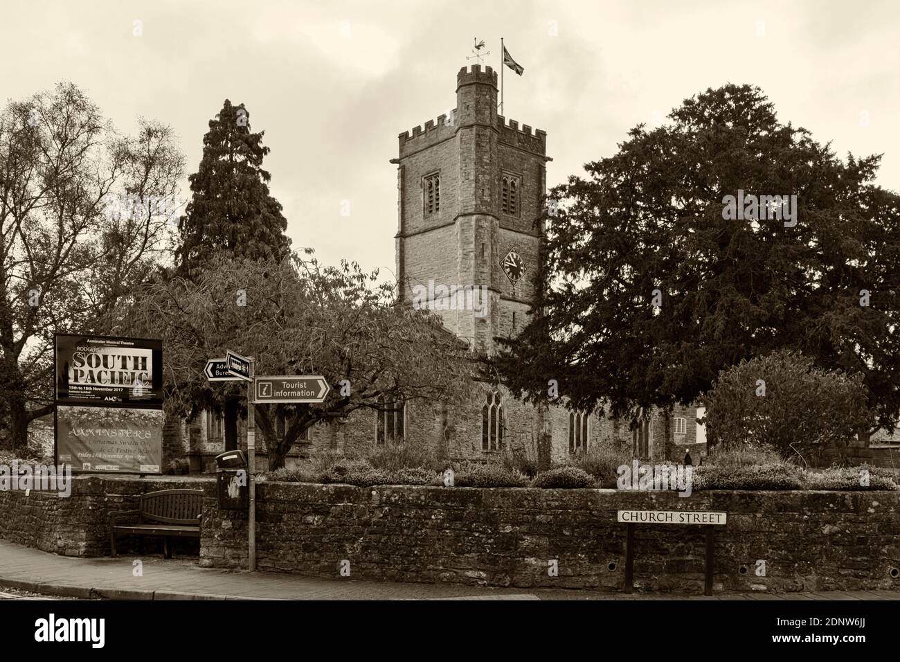 St Mary church at Axminster, Devon UK on a grey wet day in November ...