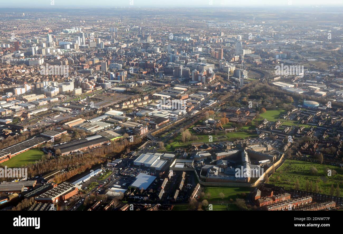 aerial view of the Leeds skyline from HMP Leeds (Armley Prison) West ...