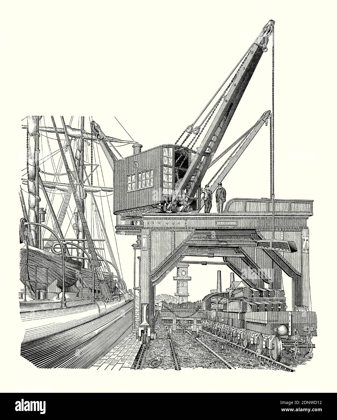 An old engraving of a steam crane on rails at work at the docks on the ...