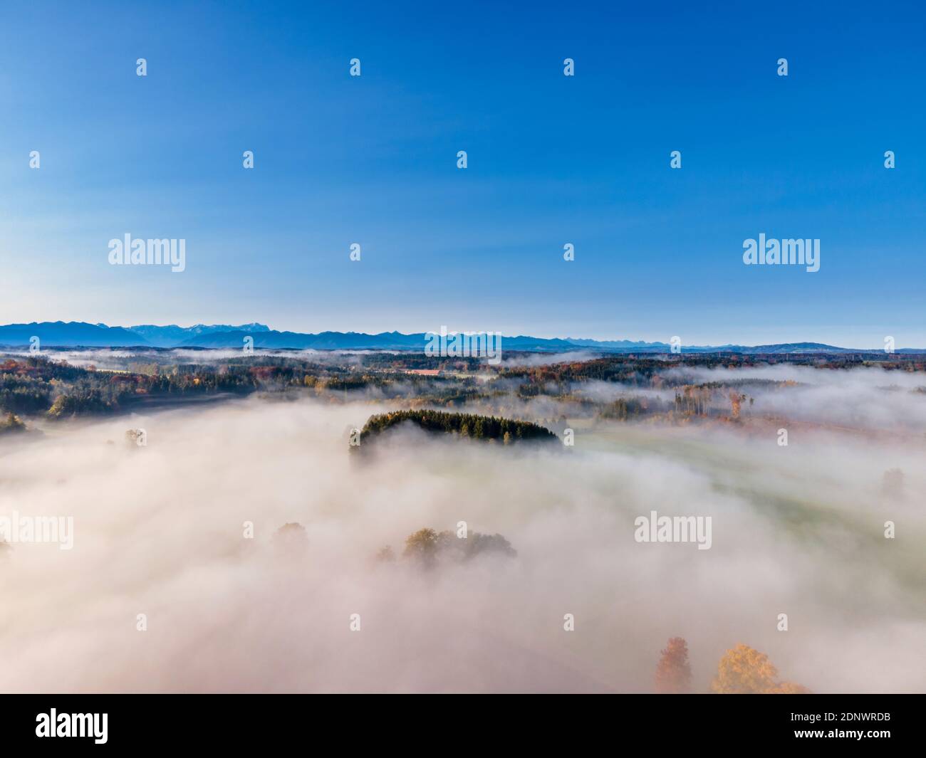 Fog over the Bavarian Alpine foothills near Bernried, Upper Bavaria ...