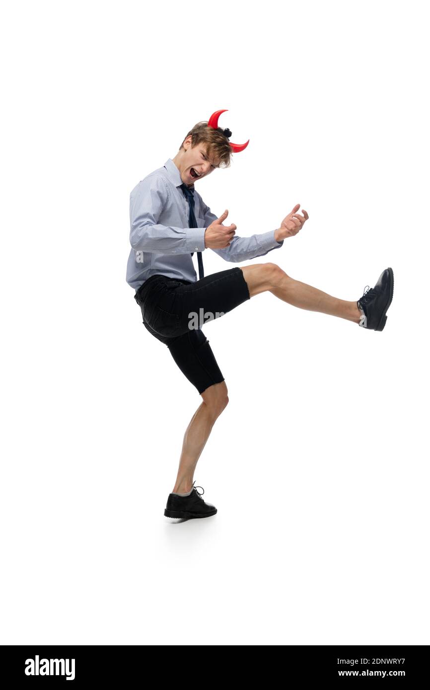 Dance. Happy young man dancing in casual clothes or suit, remaking ...