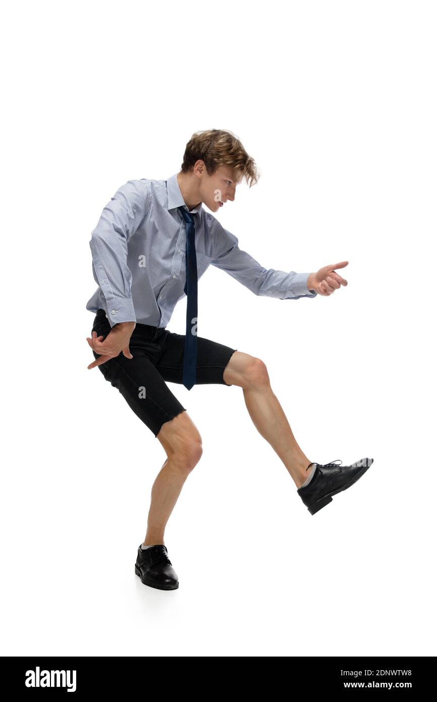 Dance. Happy young man dancing in casual clothes or suit, remaking ...