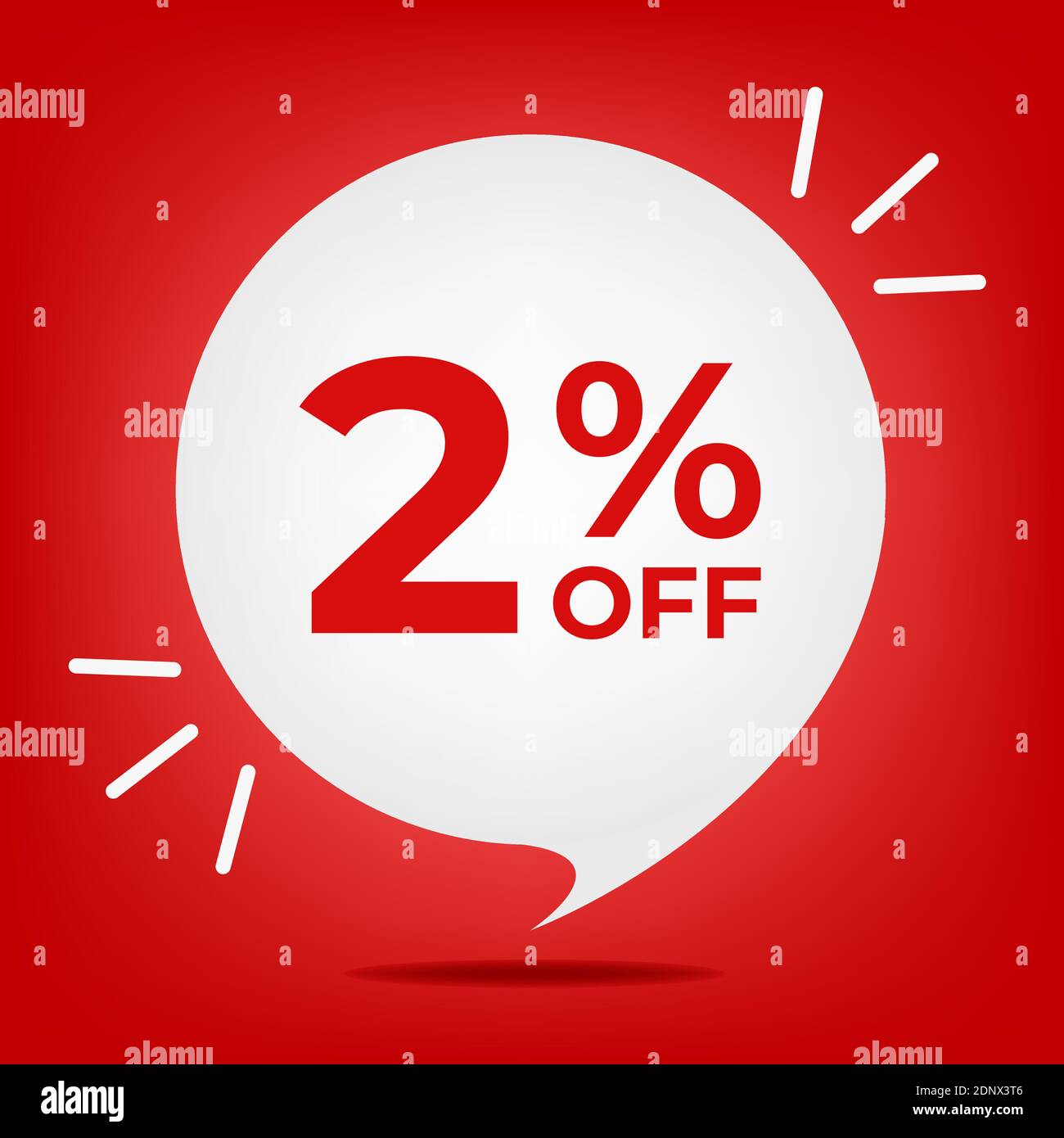 2 percent off. Banner with two percent discount. White bubble on a red ...