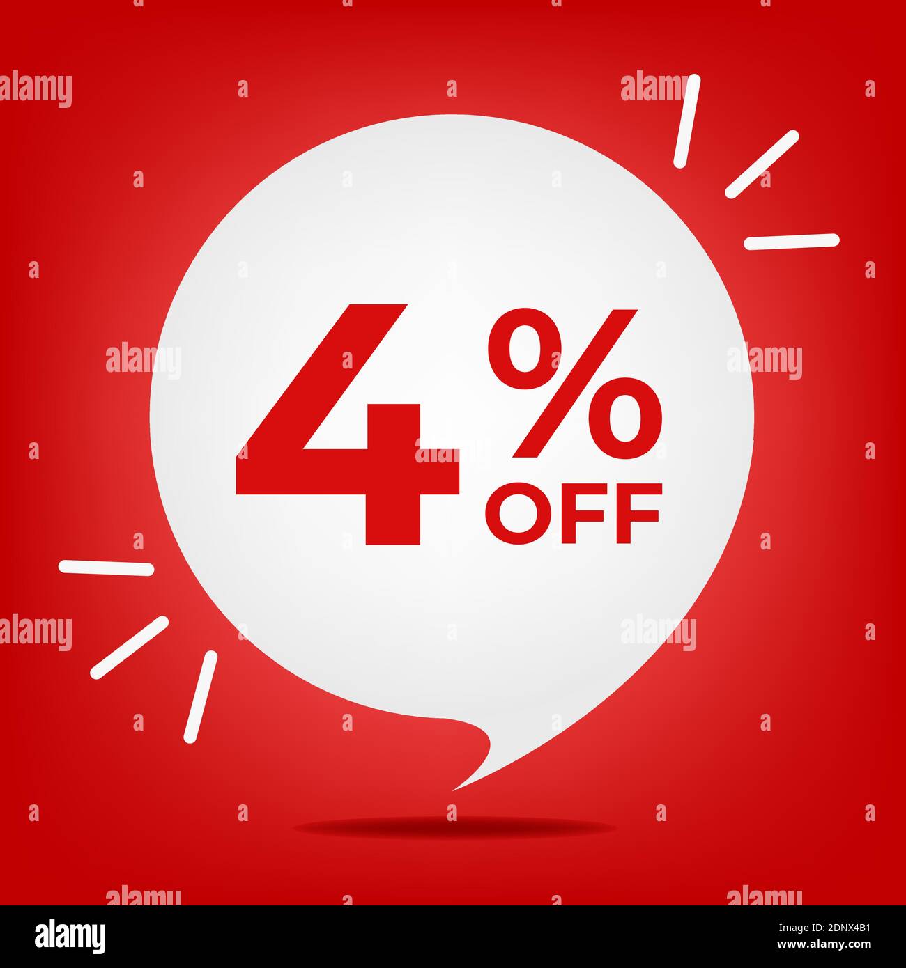 4 percent off. Banner with four percent discount. White bubble on a red ...