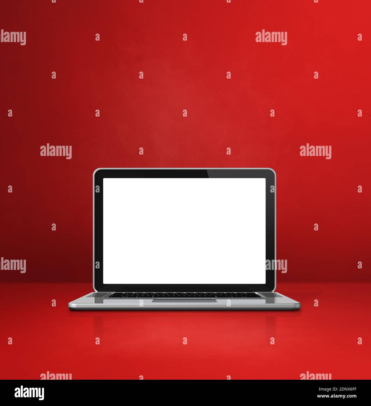 Laptop computer on red office scene background. 3D Illustration Stock ...