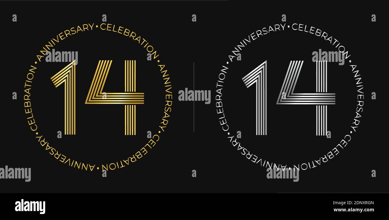 14th birthday. Fourteen years anniversary celebration banner in golden ...