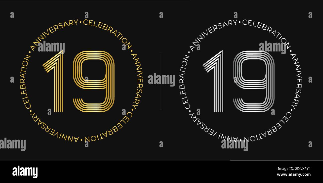 19th birthday. Nineteen years anniversary celebration banner in golden ...