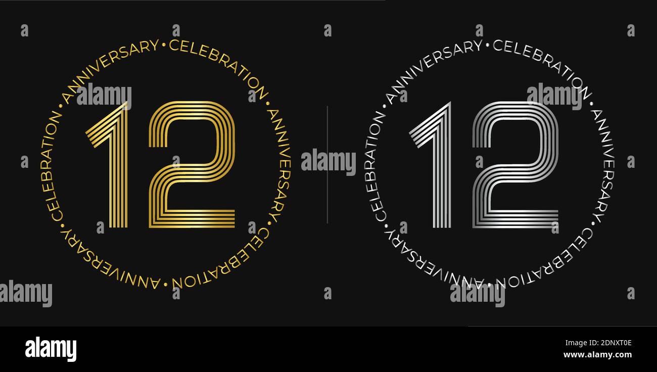 12th birthday. Twelve years anniversary celebration banner in golden ...