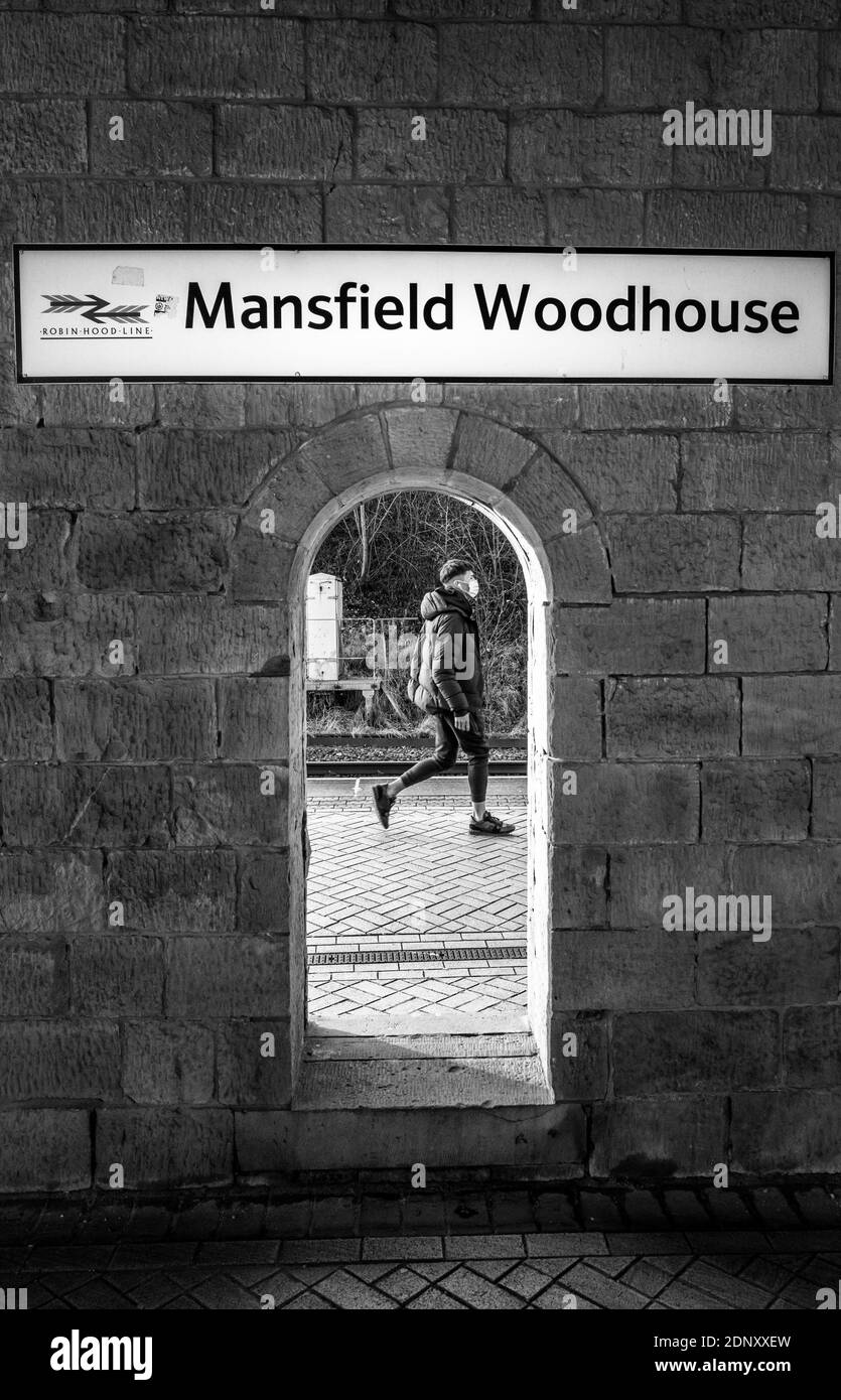 Sign above a the stone built railway station, Mansfield Woodhouse ...