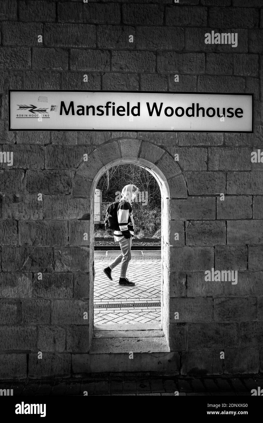 Sign above a the stone built railway station, Mansfield Woodhouse ...