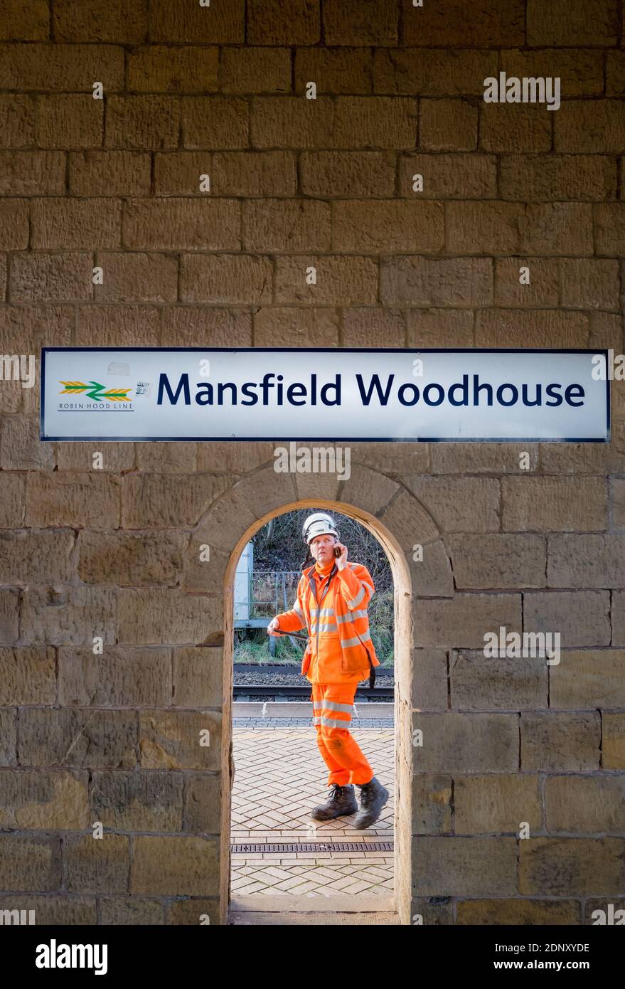 Sign above a the stone built railway station, Mansfield Woodhouse ...