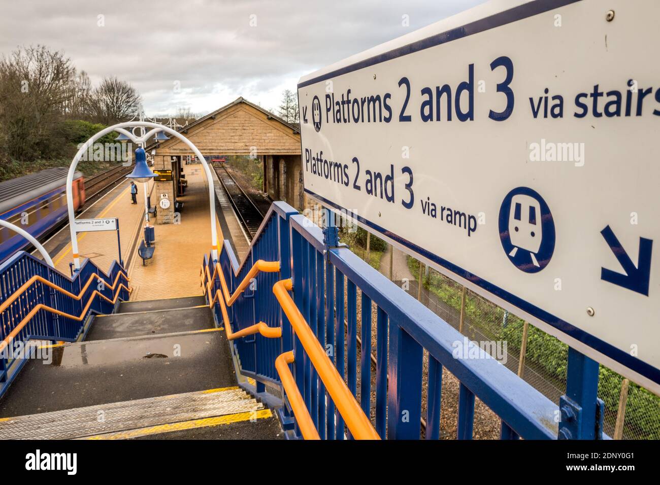 Train station signs pointing to the station platforms Stock Photo - Alamy