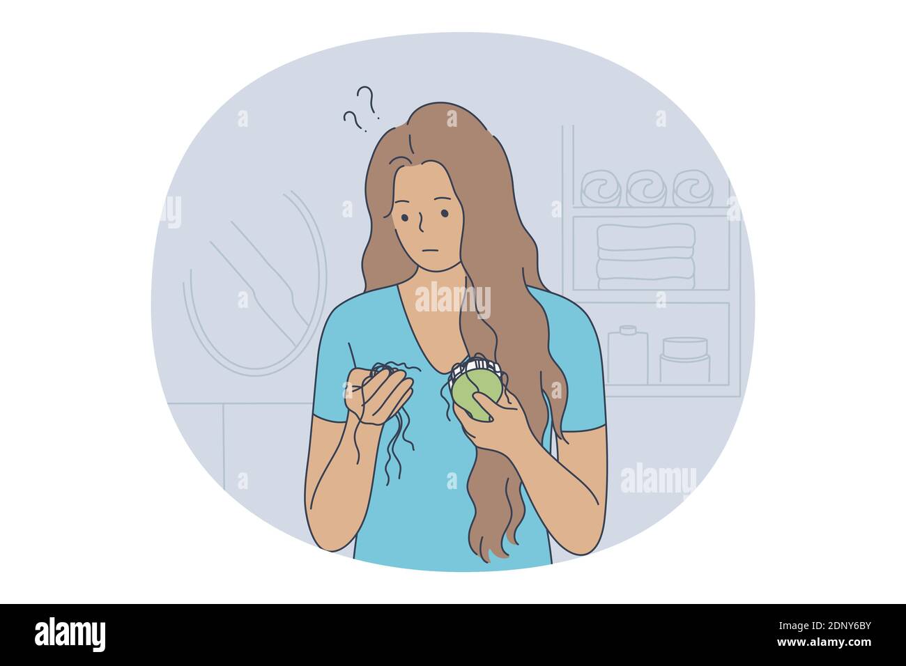 Losing hair concept. Young unhappy stressed woman cartoon character ...