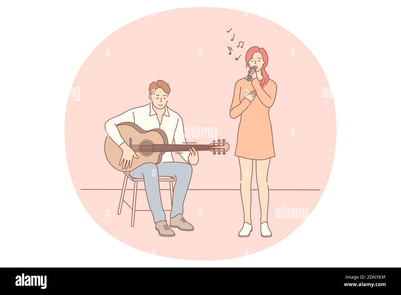 Music Band Playing Guitar Singer Concept Young Couple Man And Woman