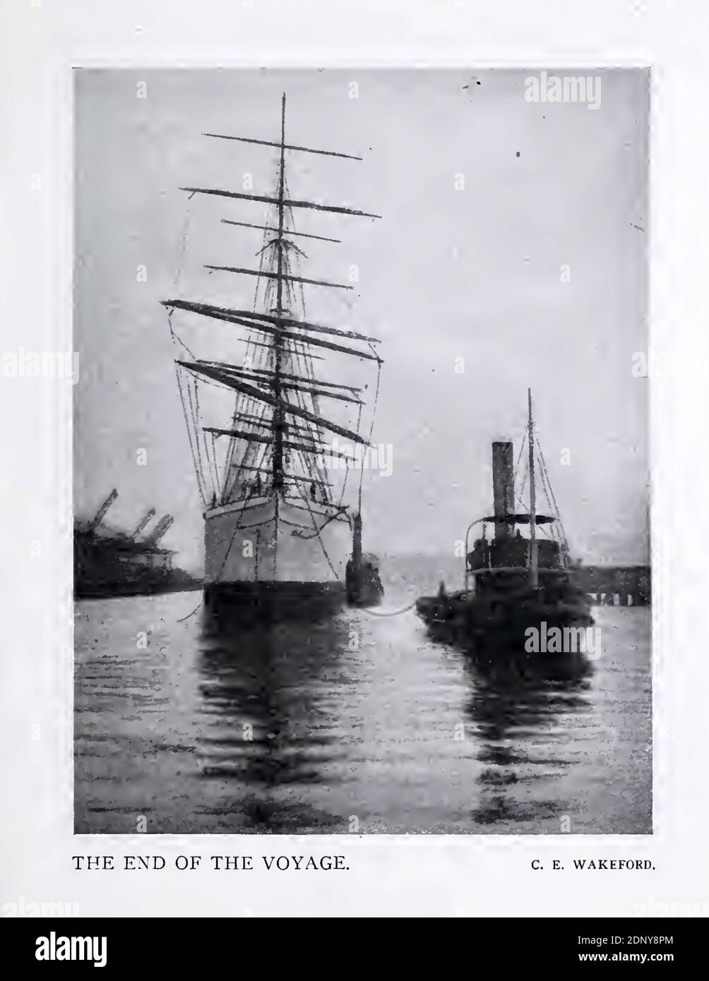End of the Voyage by C E Wakeford - Tug boat brings old sailing ship ...