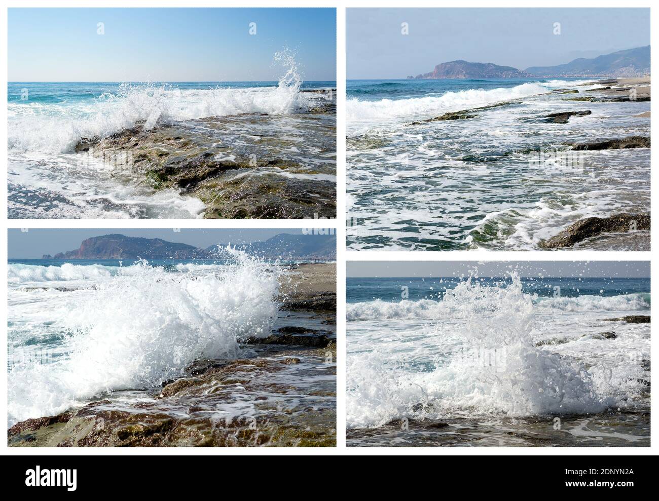 Collage of the sea coast background photos with waves and splashes ...