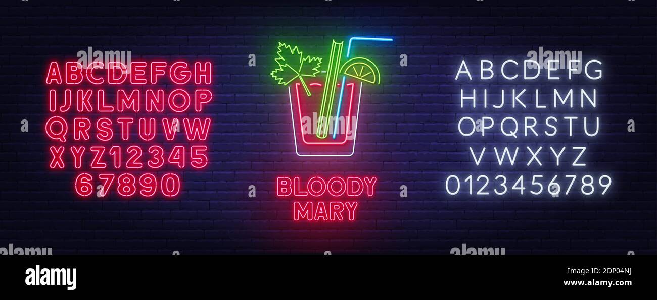 Cocktail Bloody Mary neon sign on brick wall background. Red and white ...