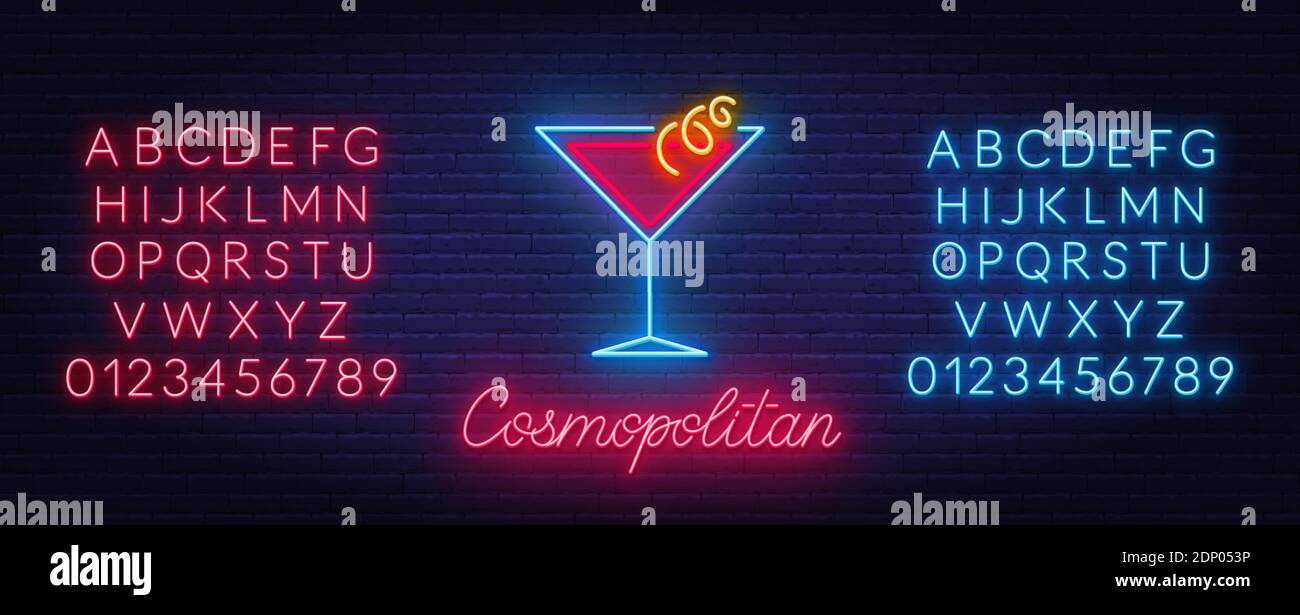 Cocktail Cosmopolitan neon sign on brick wall background. Red and blue ...