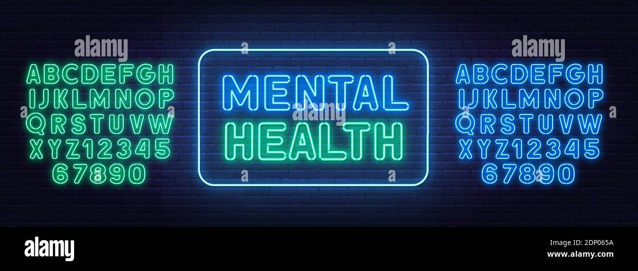 Mental health neon sign on brick wall background. Blue and mint neon ...