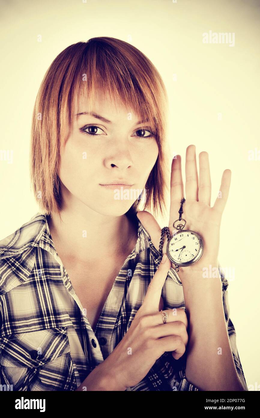 woman with clock vintage style Stock Photo - Alamy