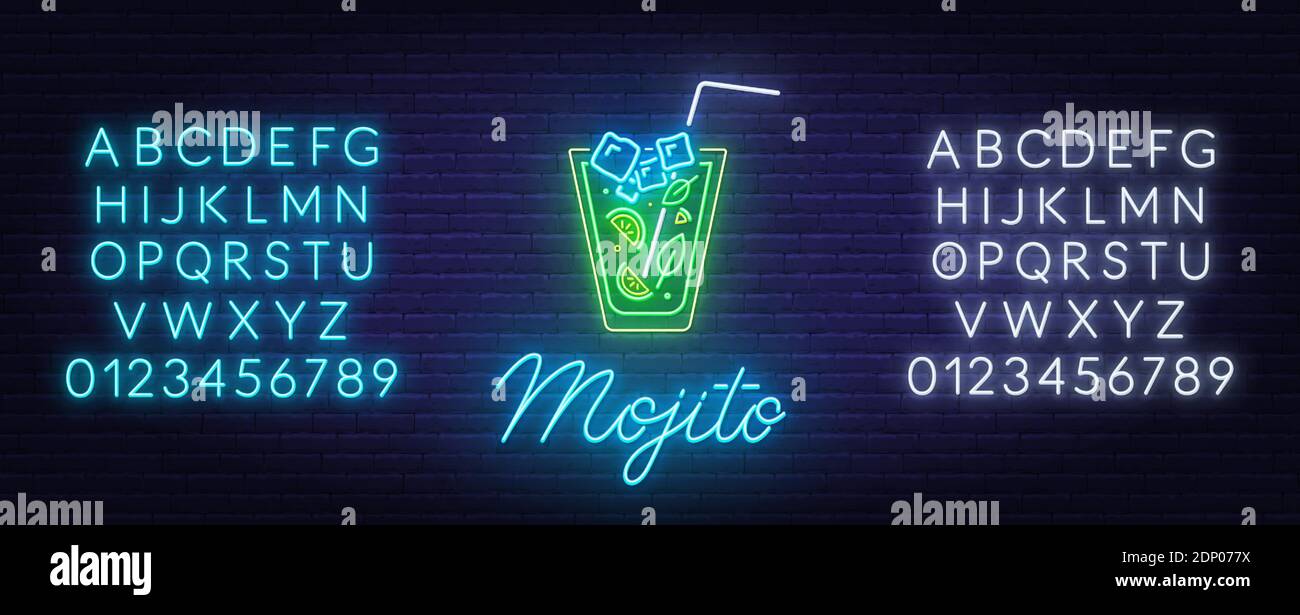 Cocktail Mojito neon sign on brick wall background. Blue and white neon ...