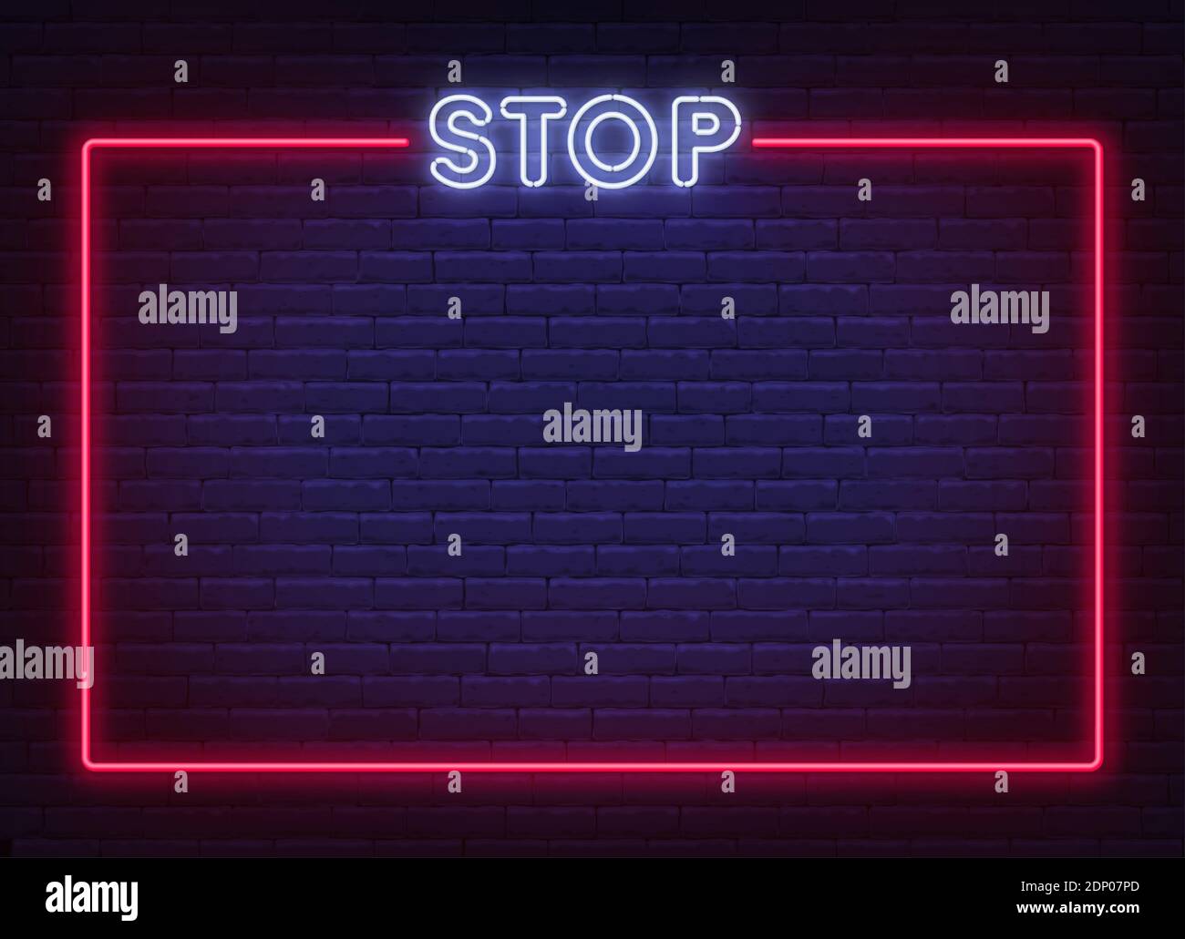 Neon stop sign in a frame on brick wall background. Prohibition ...