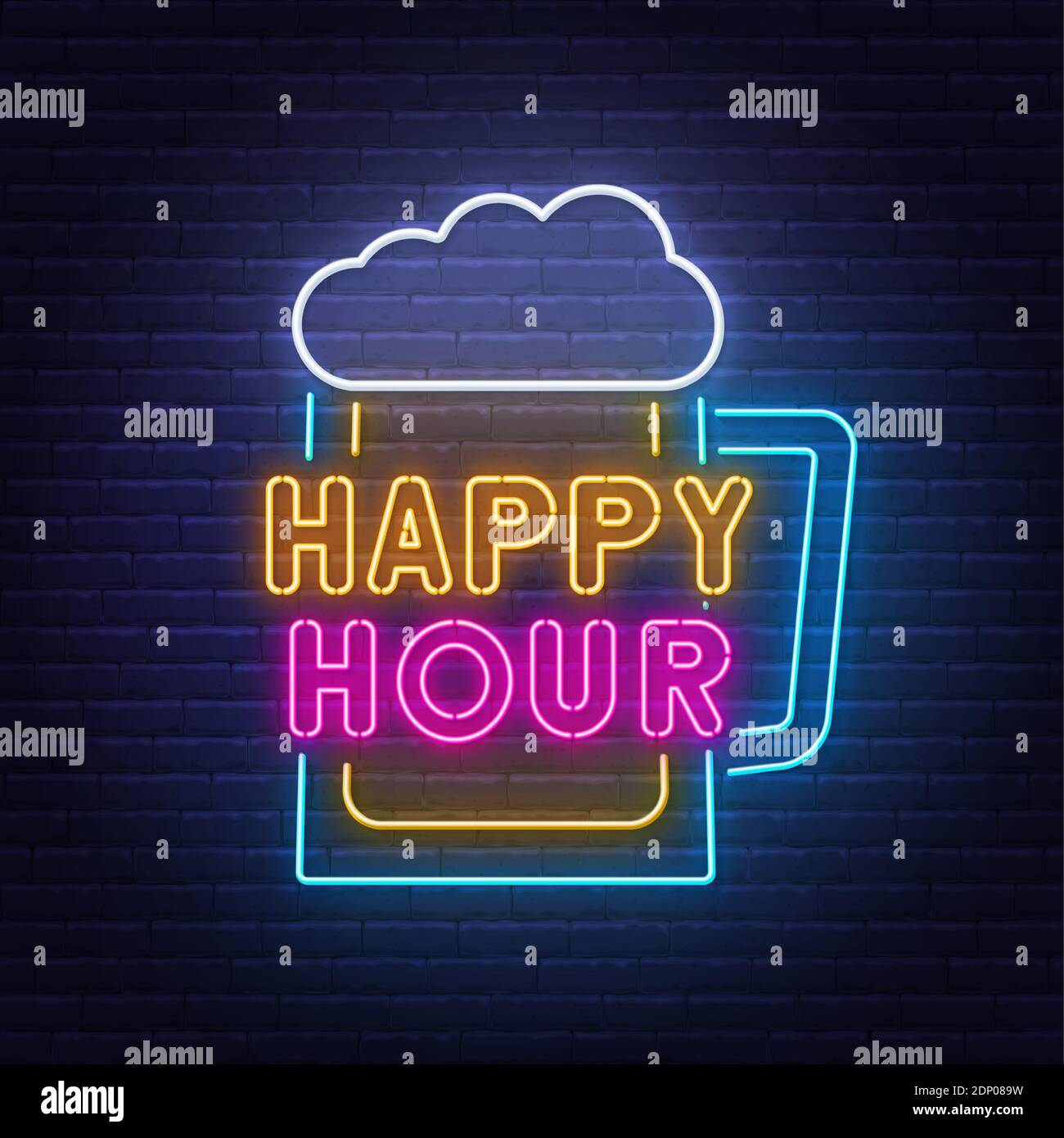 Happy Hour neon sign on brick wall background Stock Vector Image & Art ...