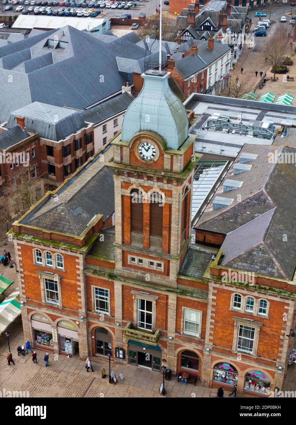 View looking town on the clock tower of Chesterfield Market Hall in ...
