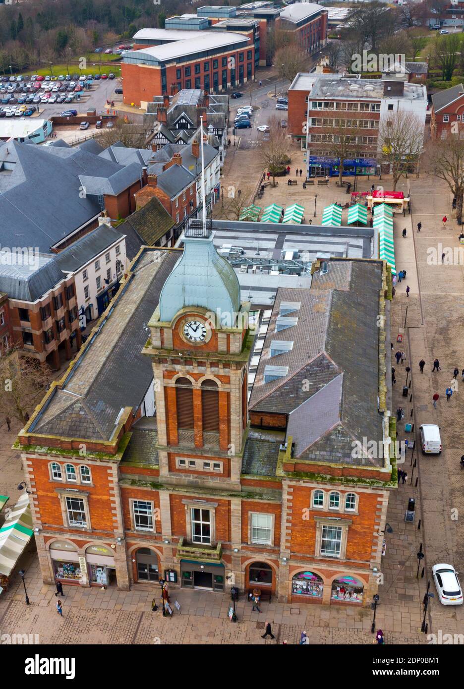 View looking town on the clock tower of Chesterfield Market Hall in ...