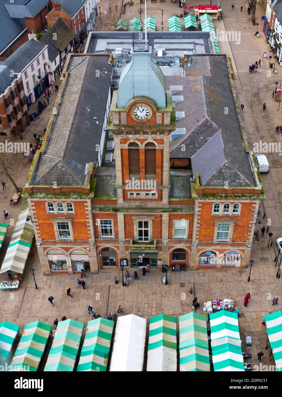View looking town on the clock tower of Chesterfield Market Hall in ...