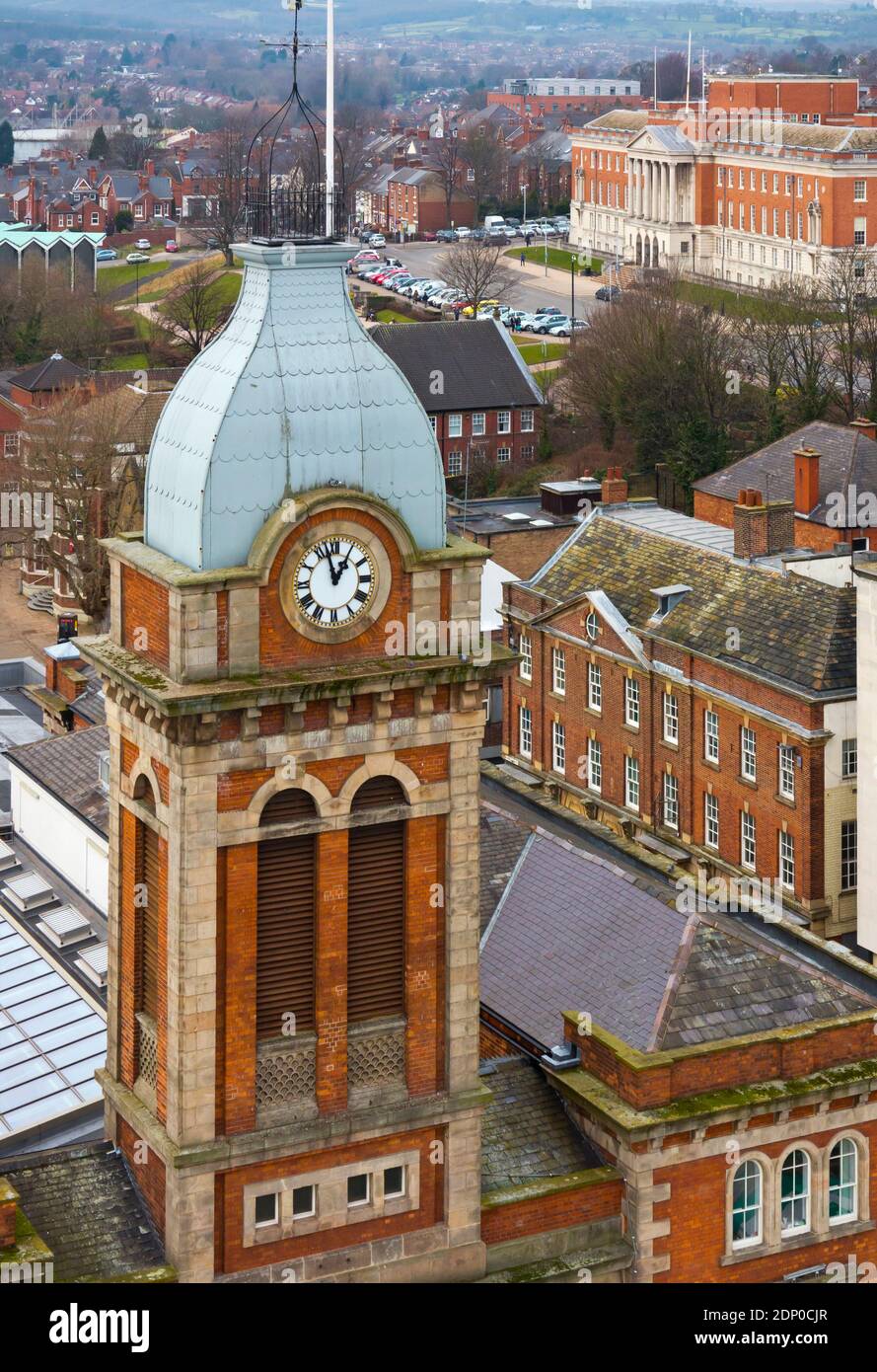 View looking town on the clock tower of Chesterfield Market Hall in ...