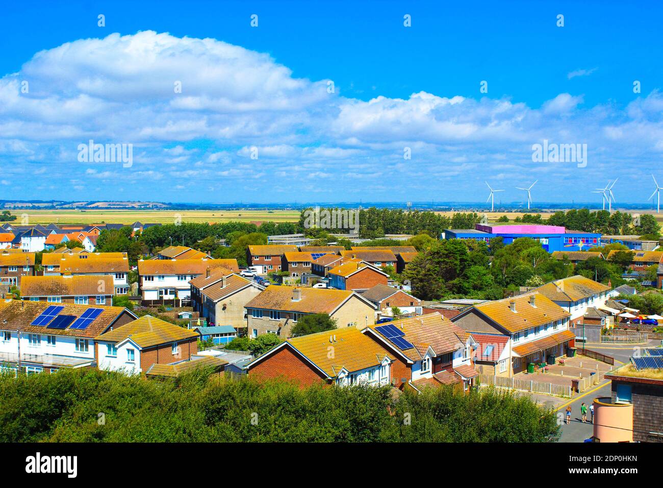 Camber village at nice summer day seen from Camber Sands dunes above ...