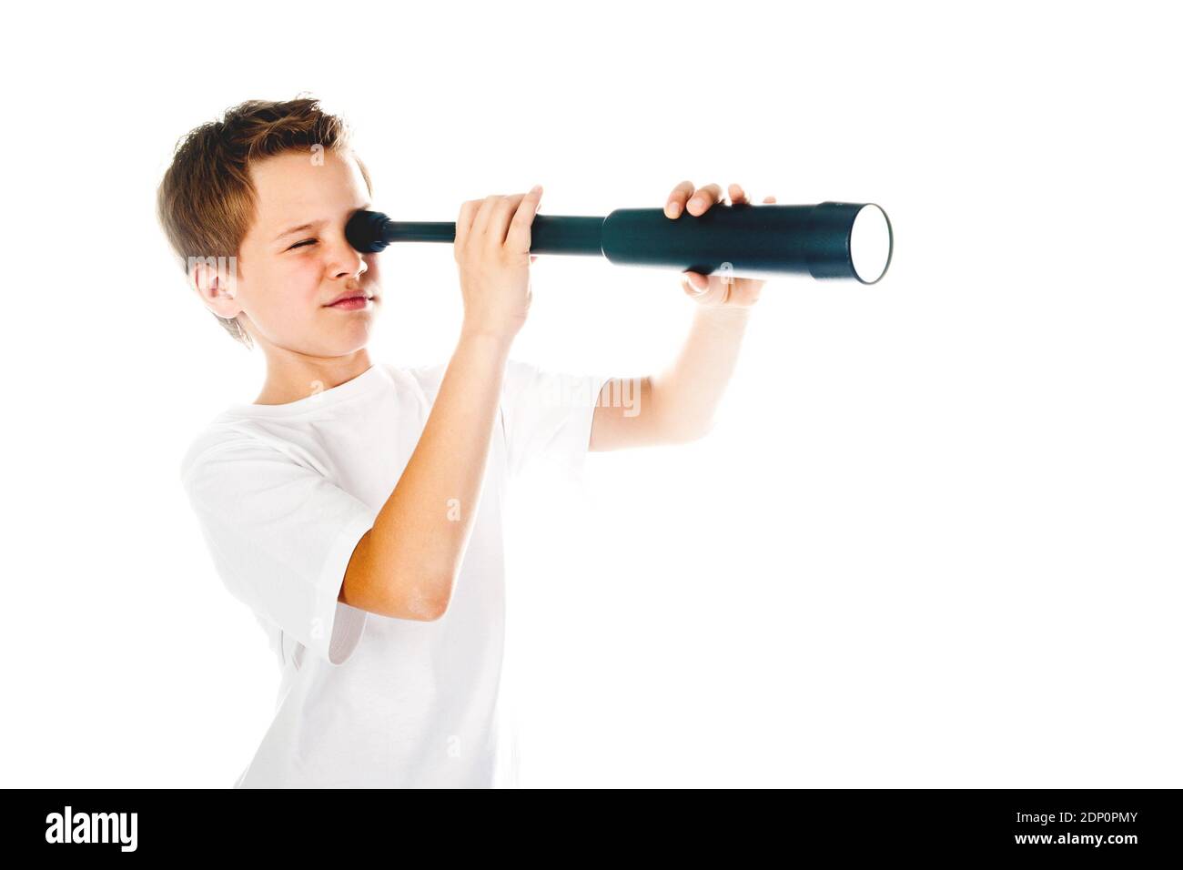 little boy with telescope isolated on a white background Stock Photo ...