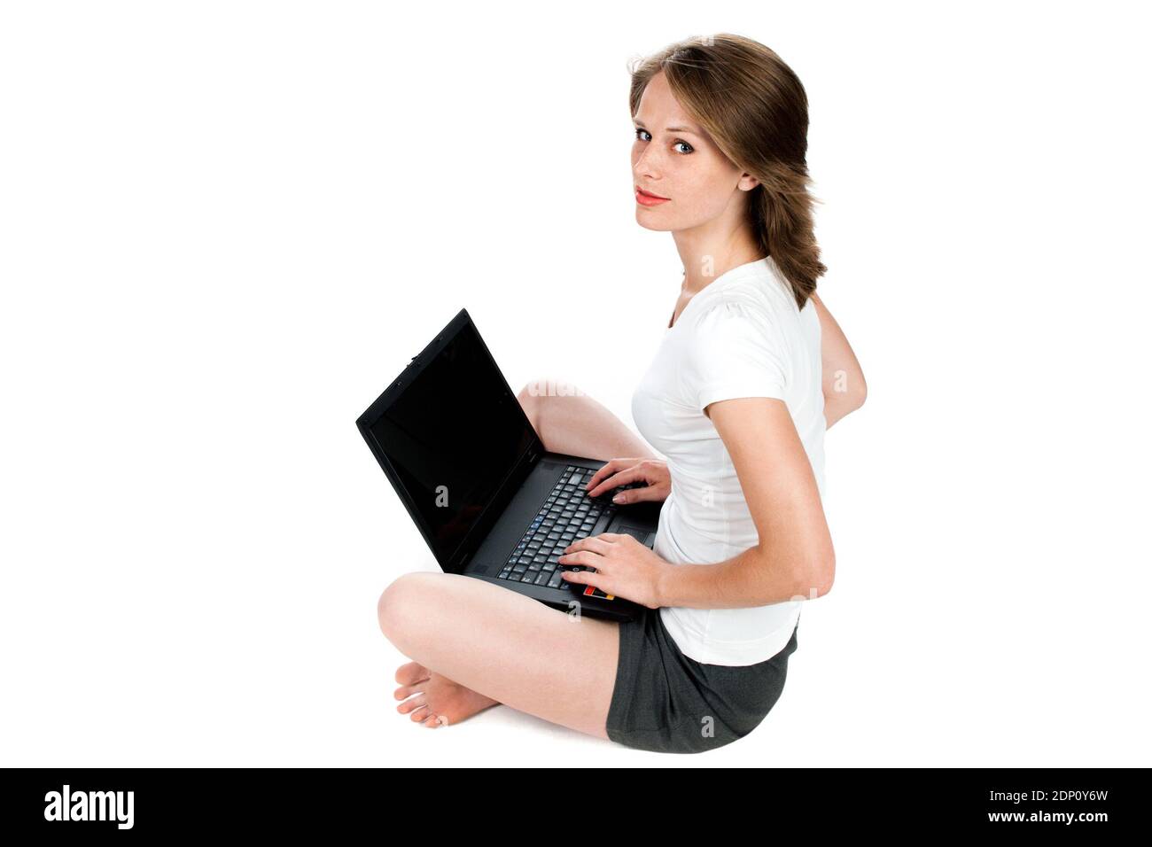woman with computer isolated on a white background Stock Photo - Alamy