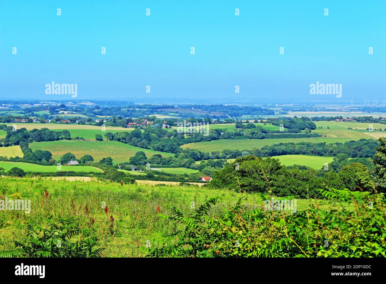 Scenic view north across East Sussex county,Pett village in the middle ...