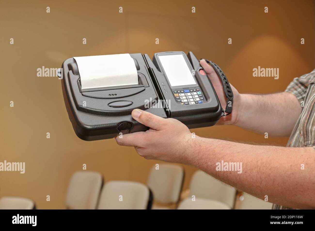 Man Holding Portable Barcode Printer and Scanner Set Device Stock Photo ...