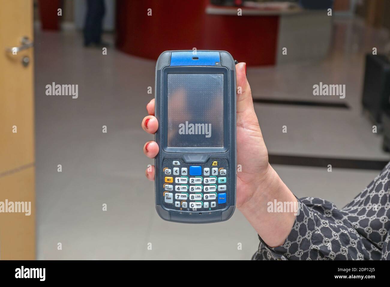 Woman Holding Portable Barcode Scanner and Rfid Reader Device Stock ...