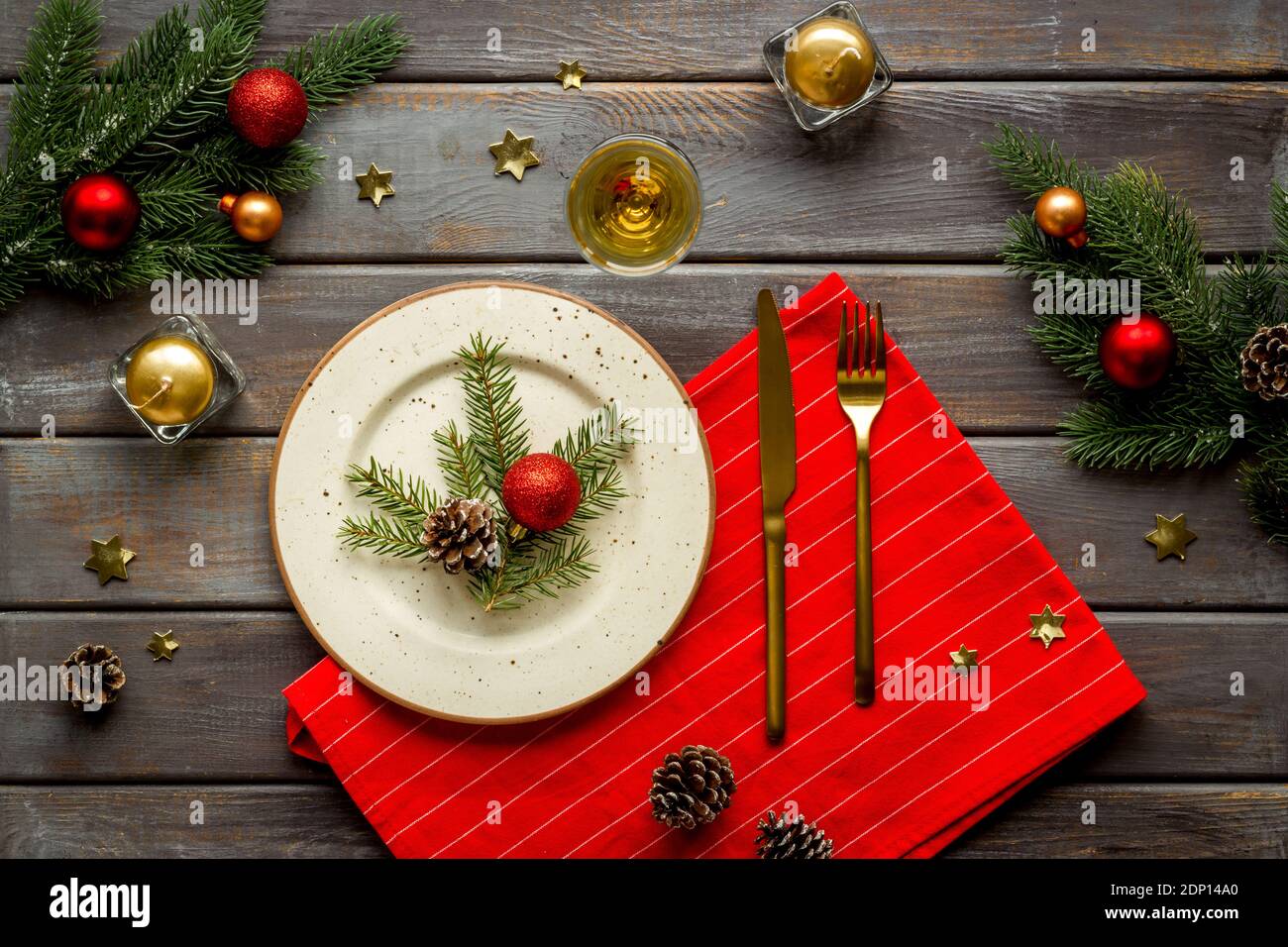 Christmas dinner background. Table setting top view Stock Photo - Alamy