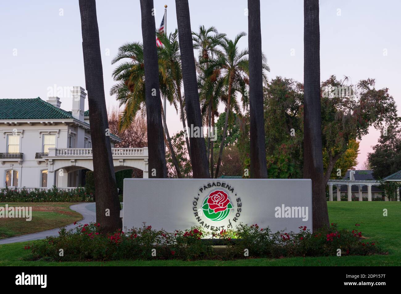 Rose Parade Logo in front of the Tournament House, Wrigley Mansion ...