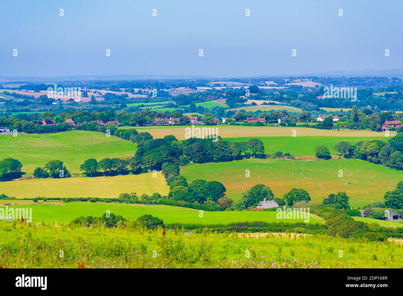 Scenic view north across East Sussex county,Pett village in the middle ...