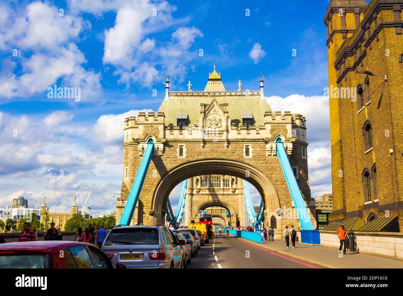 View of crowded Tower Bridge-the most famous bridge in the world on a ...