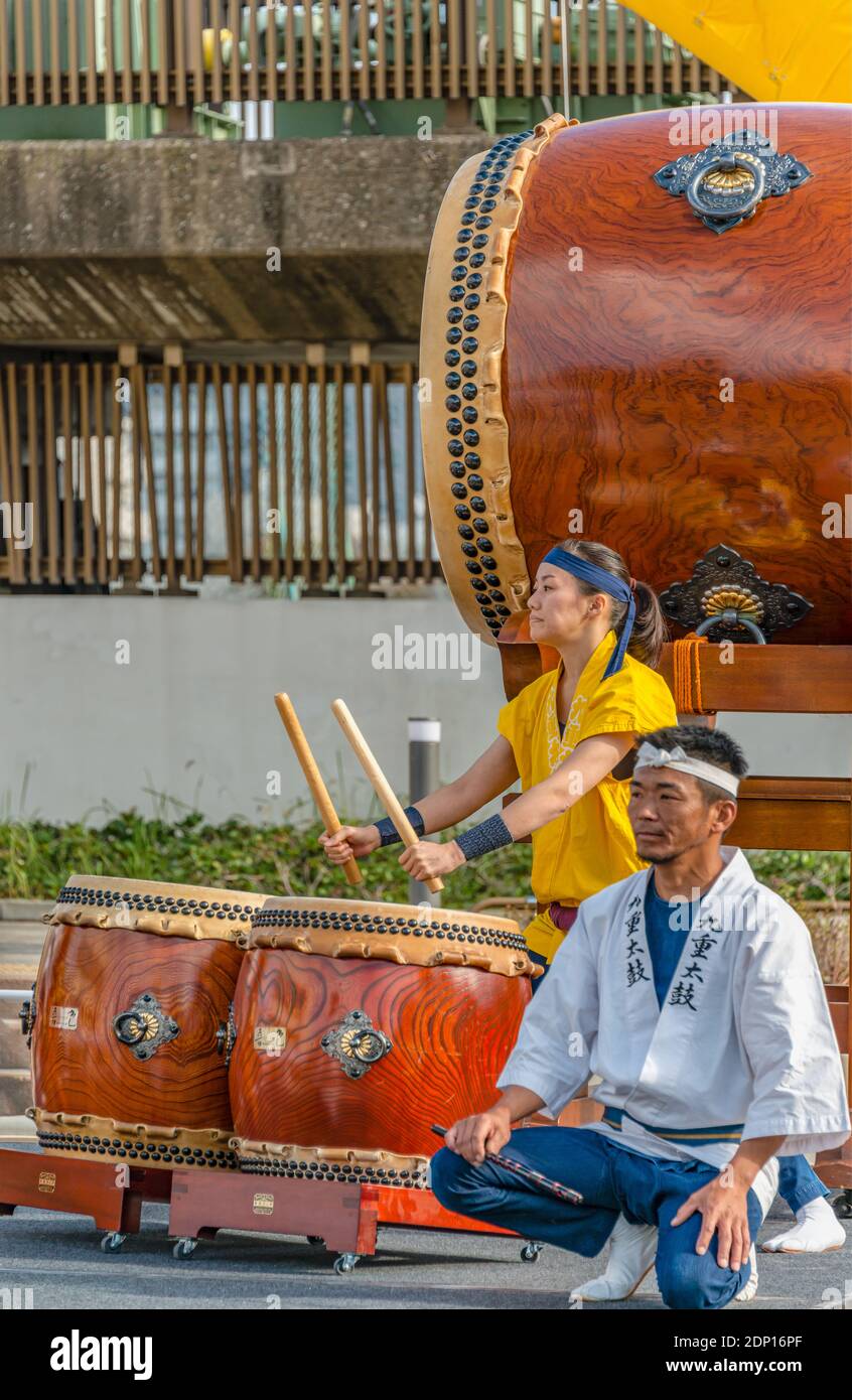 Traditional Taiko drummer performing at a local competition in Tokyo ...